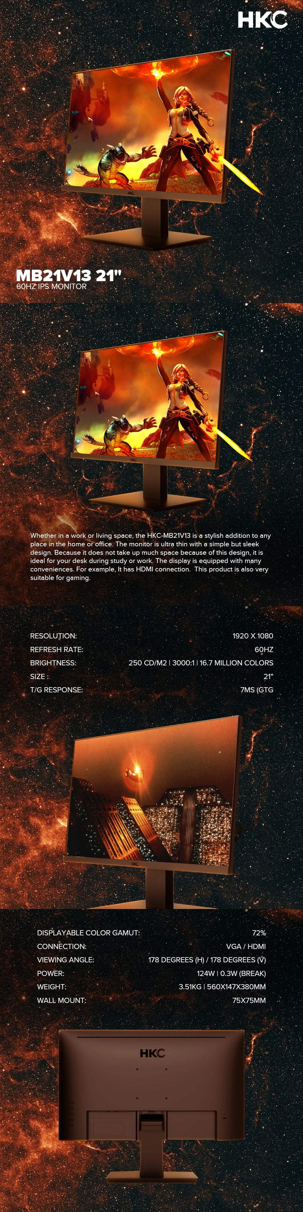 HKC 21″ MB21V13 60Hz Refresh Rate 1920×1080 Led Monitor with HDMI/DSUB ...