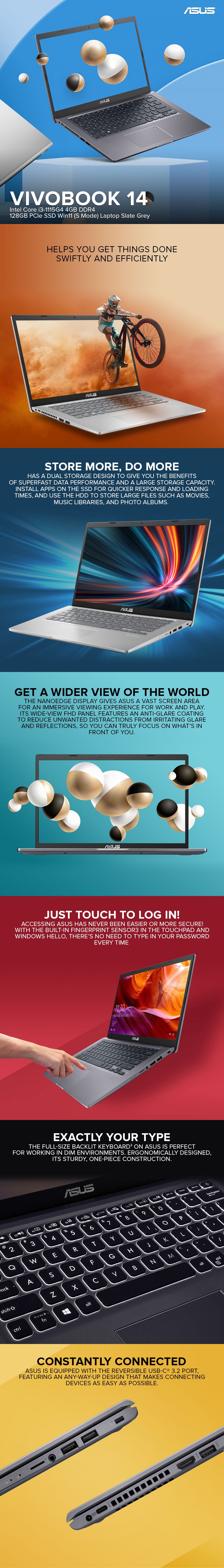 Asus VivoBook 14 Intel Core i3-1115G4 4GB DDR4 128GB PCIe SSD Win11(S ...