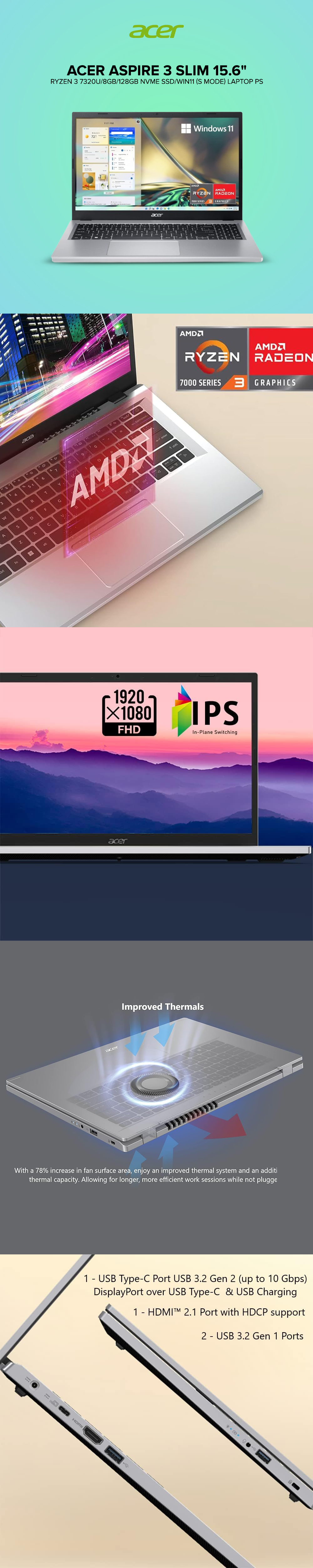 Acer Aspire 3 Slim 15.6″ Ryzen 3 7320U/8GB/128GB NVMe SSD/Win11 (S Mode ...