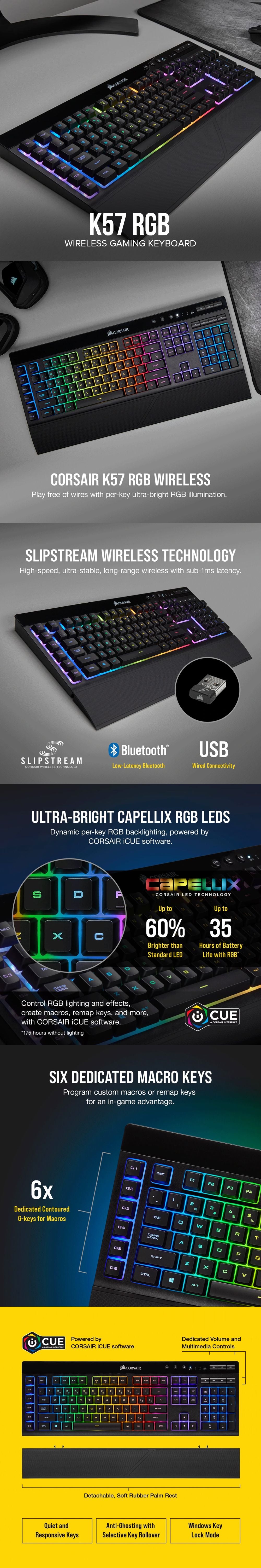 Corsair K57 RGB Wireless with SLIPSTREAM Sub-1ms Gaming Keyboard 7UBE ...