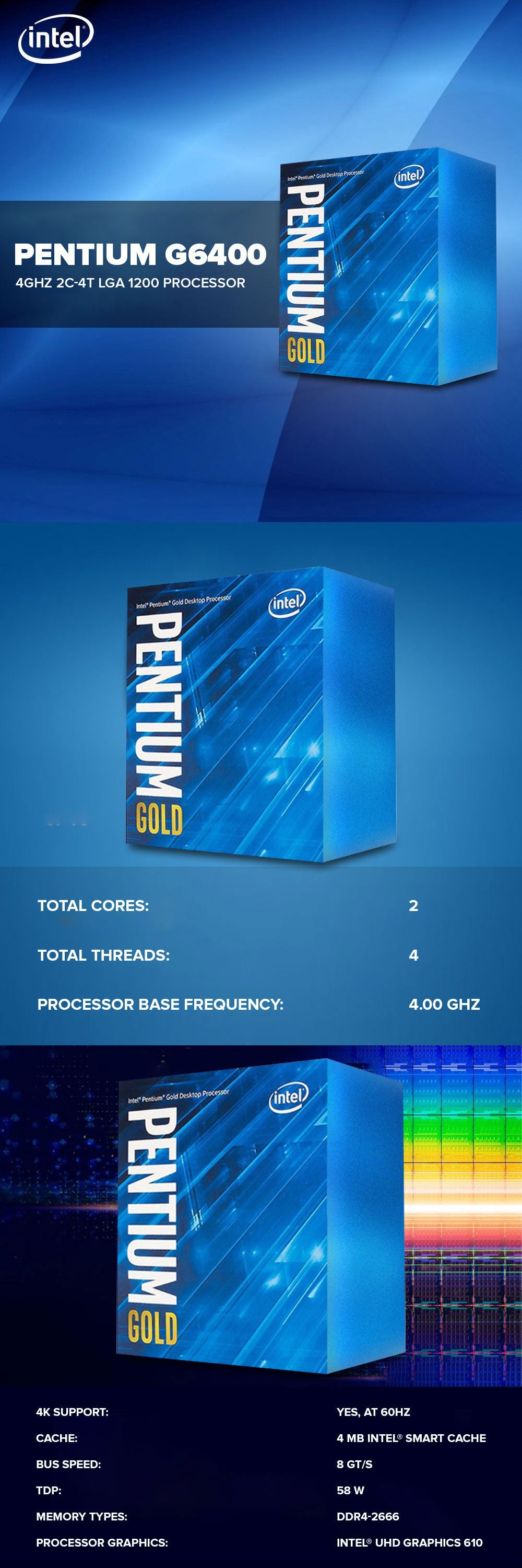 Intel Pentium G6400 4GHz 2C-4T DDR4-2666 LGA 1200 Comet Lake Processor ...